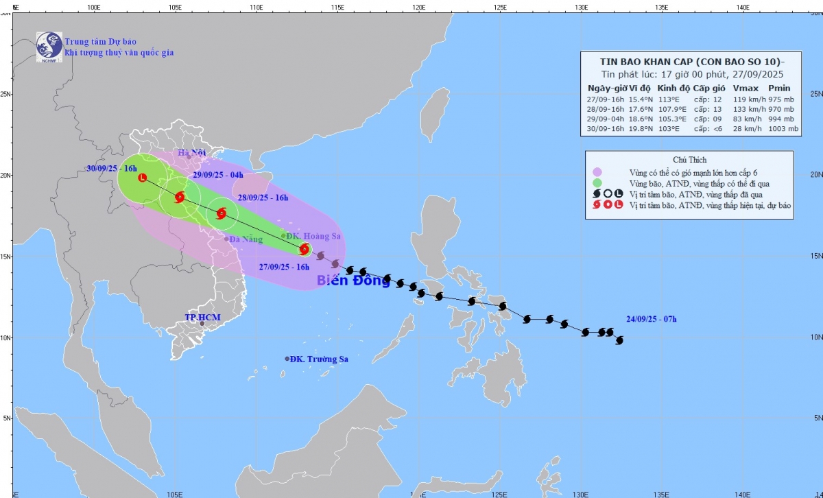 Bão số 10 Bualoi tiếp tục di chuyển nhanh, cách đặc khu Hoàng Sa khoảng 170km
