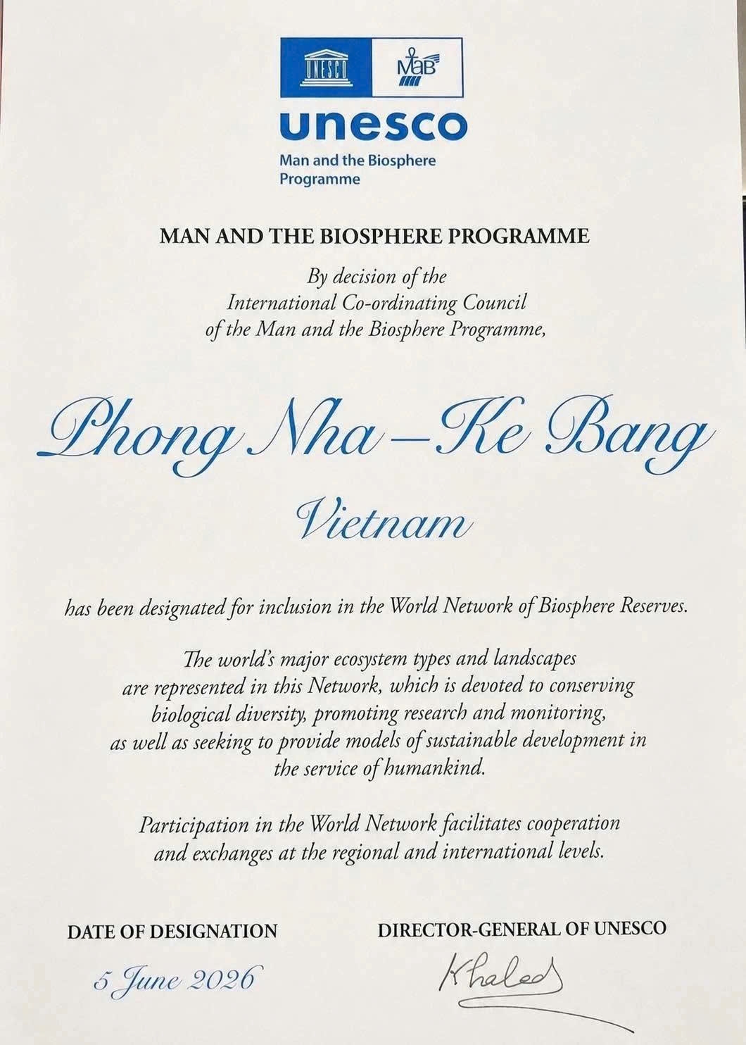 Phong Nha-Ke Bang recognised by UNESCO as World Biosphere Reserve for ...